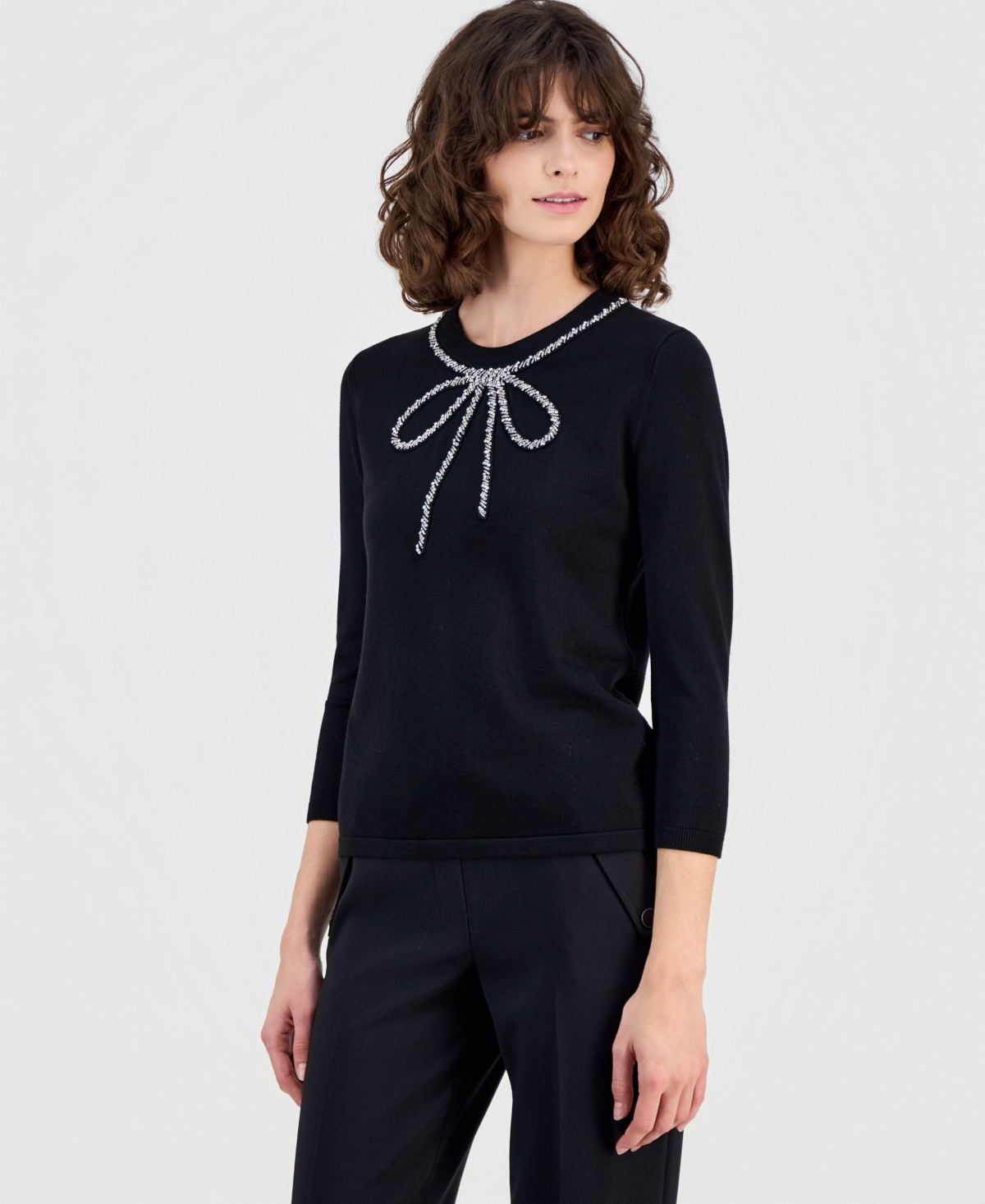 Click here for Anne Klein Womens Embellished Bow 3/4-Sleeve Sweat... prices