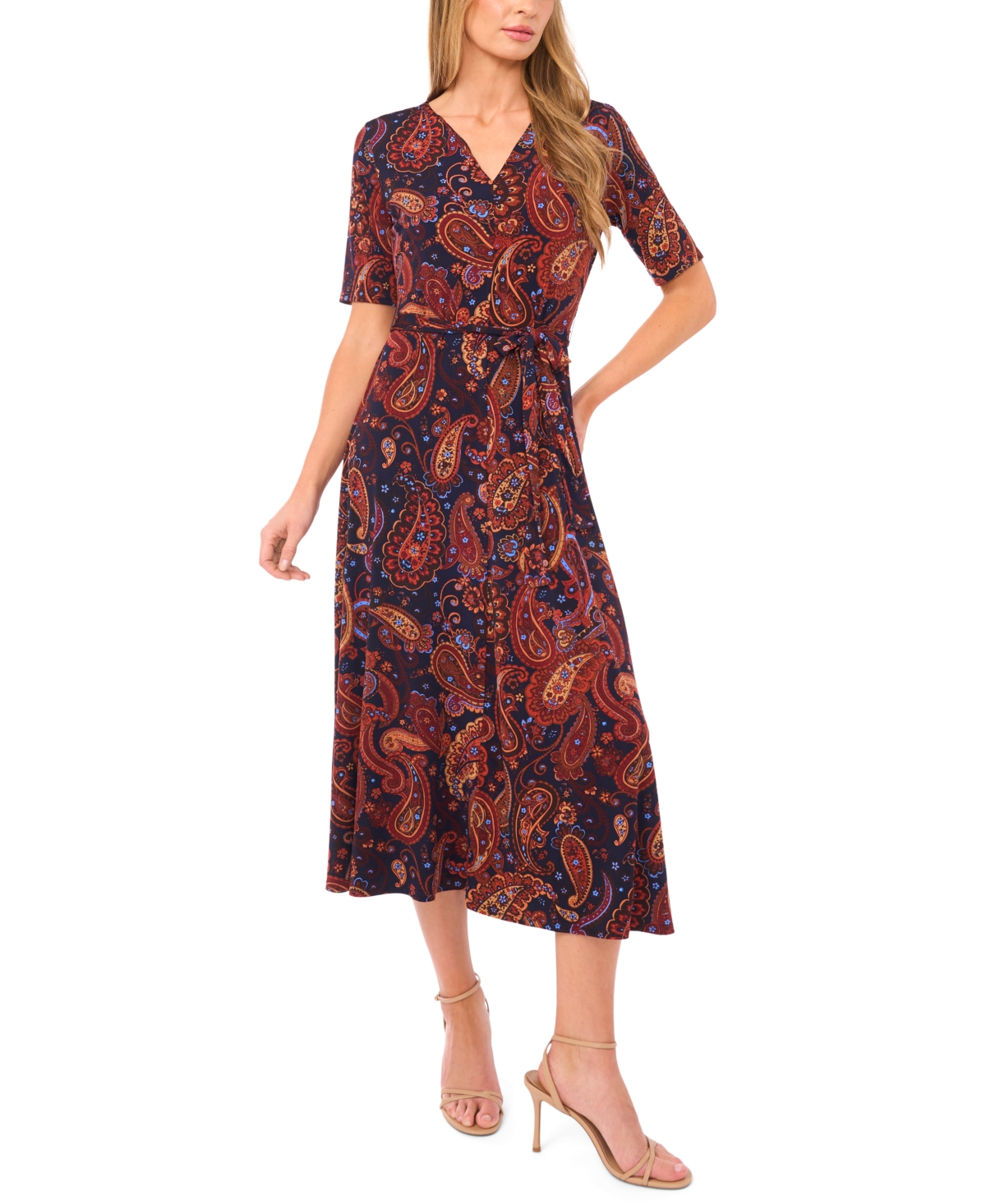 Click here for Msk Womens V-Neck Tie Waist Midi Dress - Classic prices