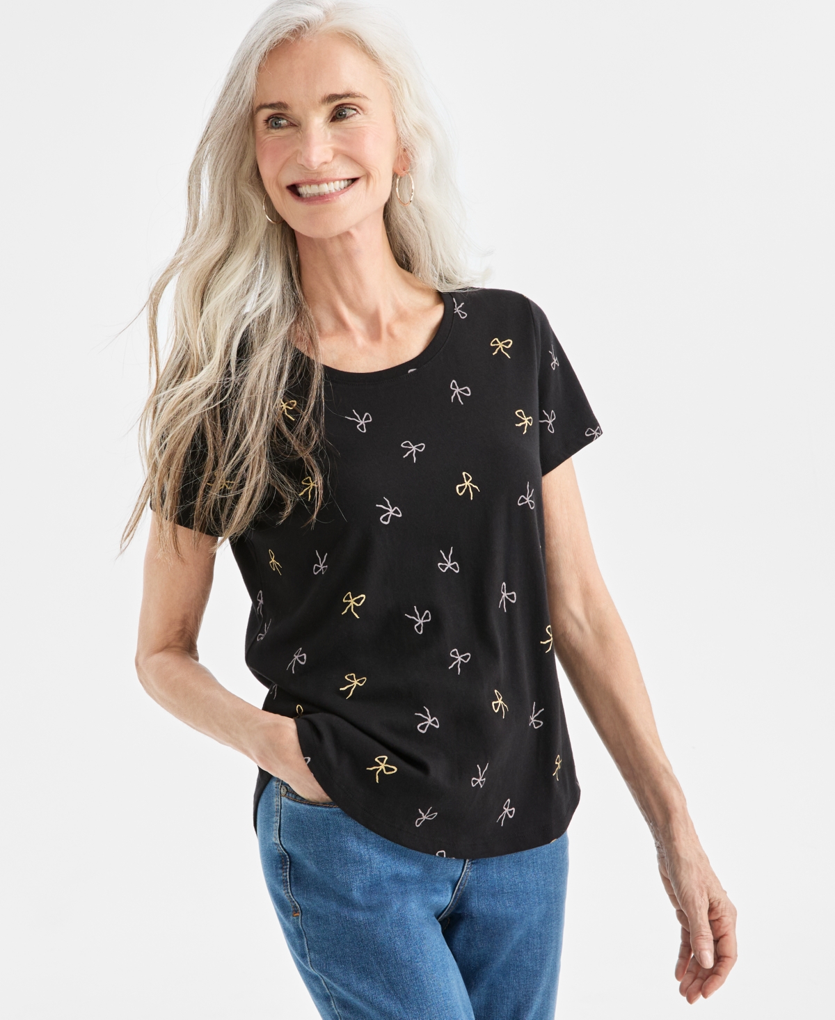Click here for Style & Co Womens Printed Shine Short Sleeve T-Shi... prices