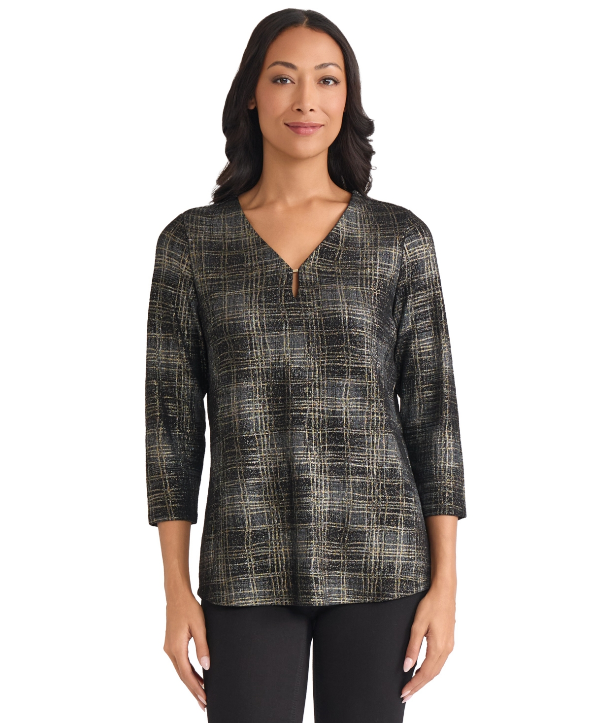 Click here for Jones New York Womens Two Tone Foil V-Neck Top - J... prices