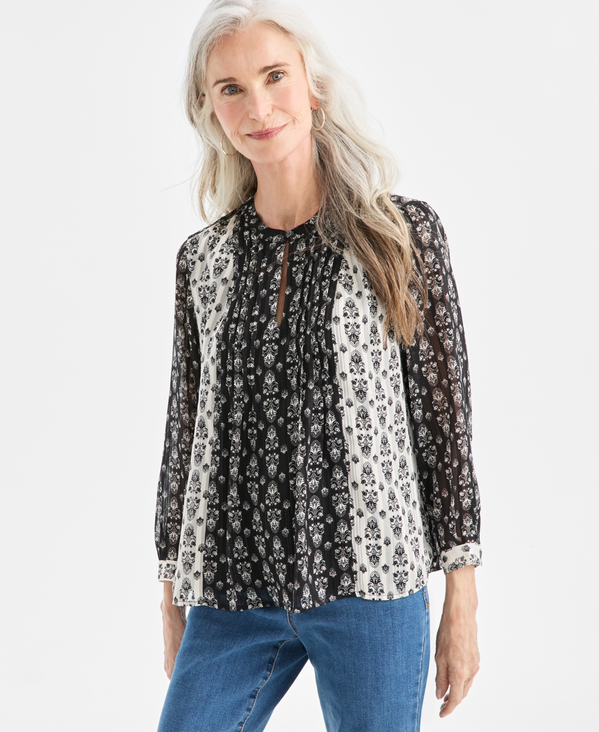 Click here for Style & Co Womens Printed Pintuck Shine Blouse  Ma... prices