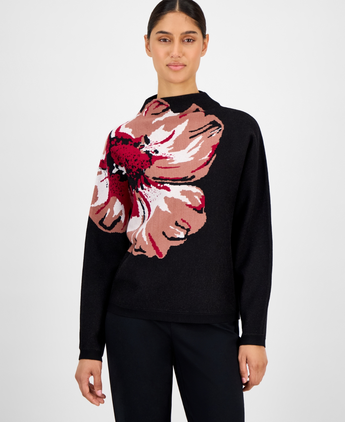 Click here for T Tahari Womens Floral Funnel-Neck Long-Sleeve Swe... prices