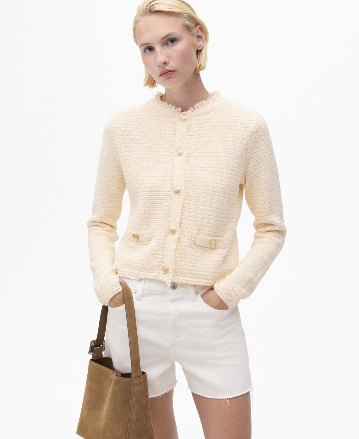 Click here for Mango Womens Frayed Ends Knitted Cardigan - Ecru prices