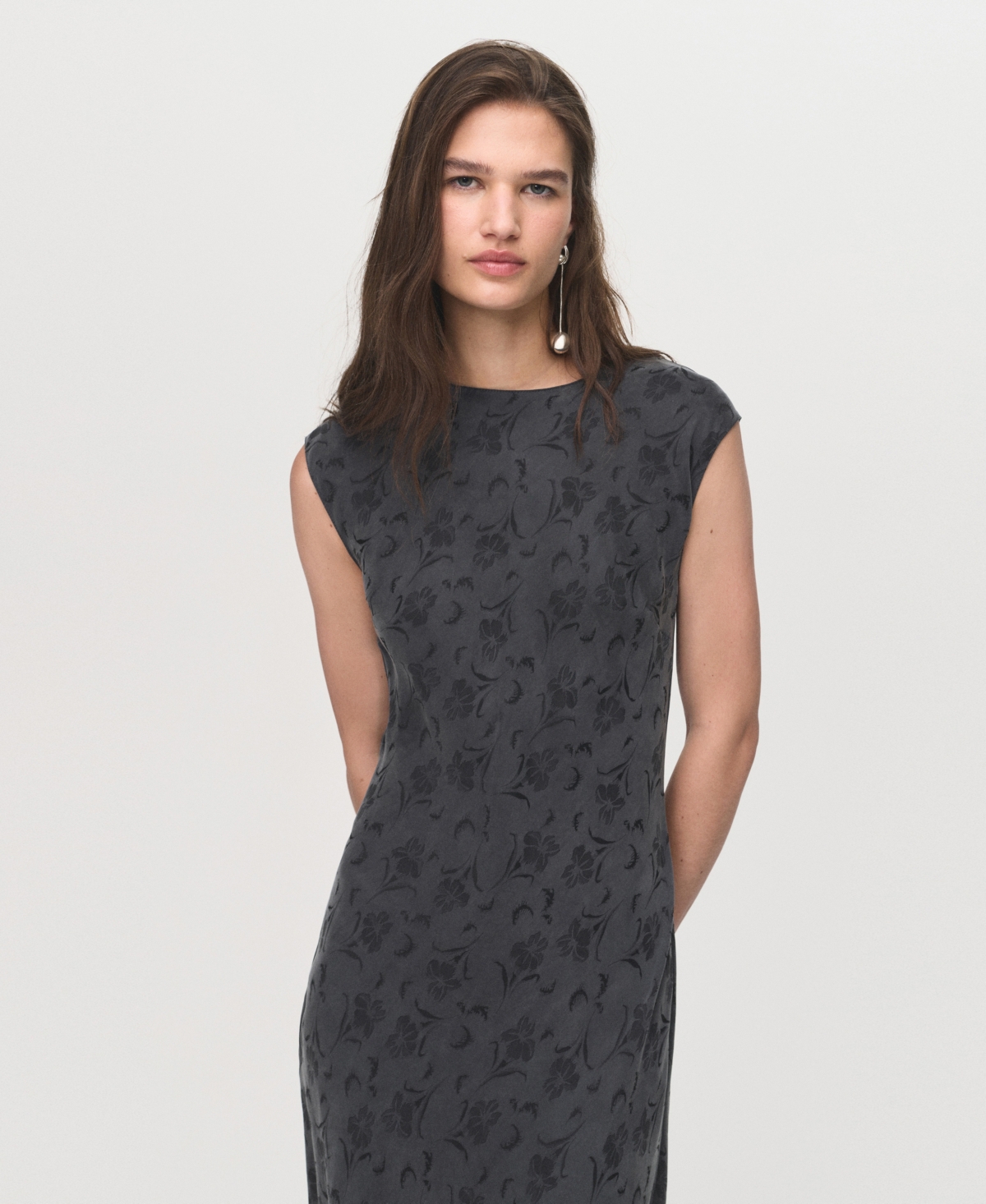 Click here for Mango Womens Satin Floral Jacquard Dress - Charcoa... prices