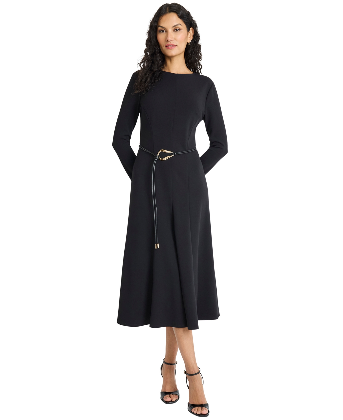 Maggy London Womens Tie Belt Long Sleeve Midi Dress - Black