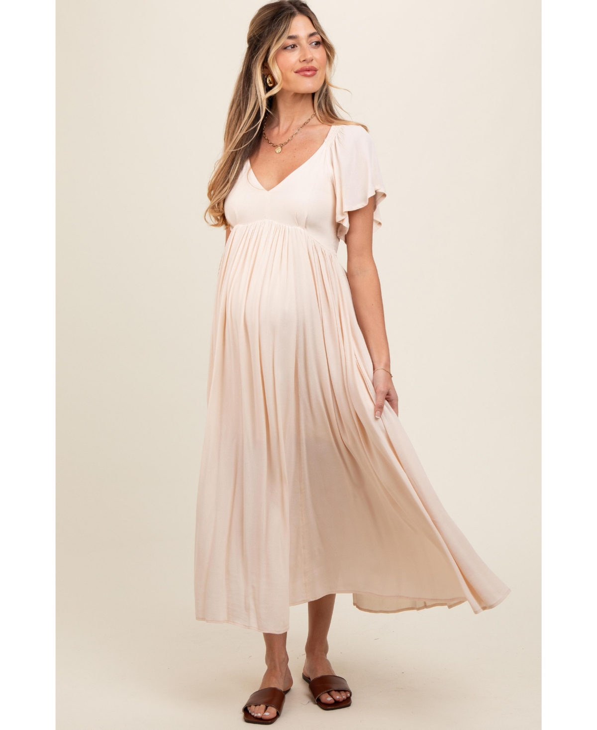 Pinkblush Maternity Cream V-Neck Flutter Short Sleeve Midi Dress - Cream