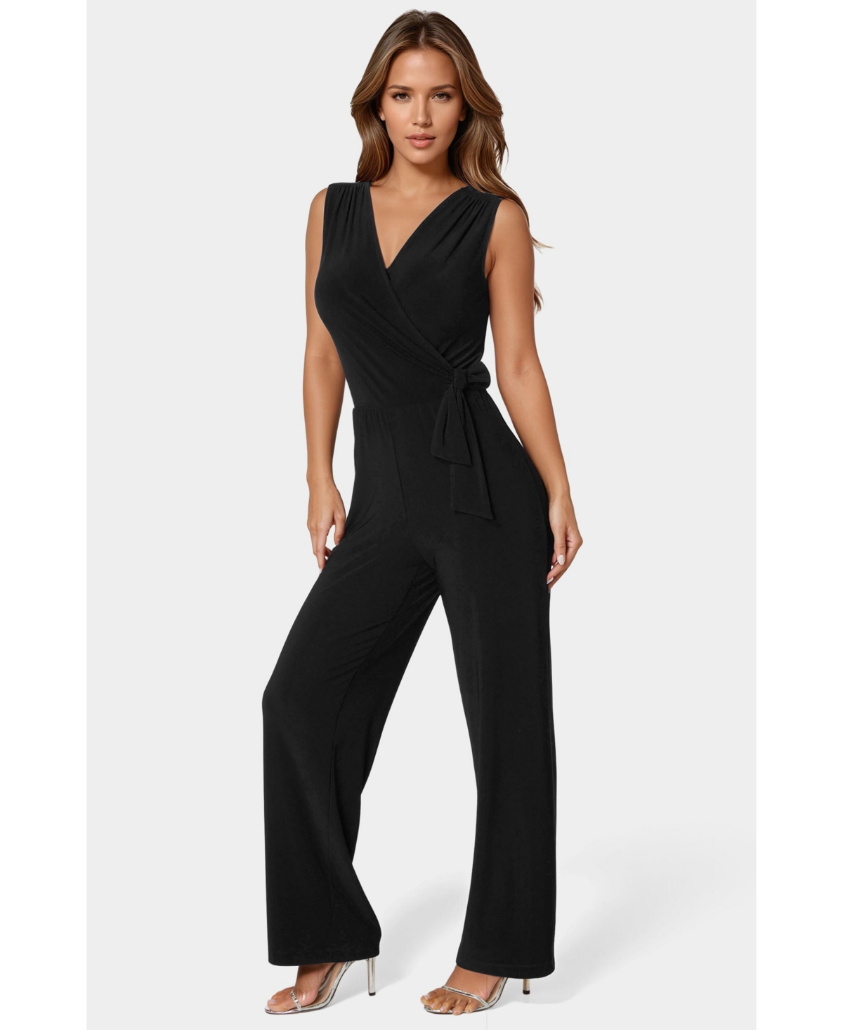 Click here for Bebe Womens Jersey Wrap Tie Jumpsuit - Black prices