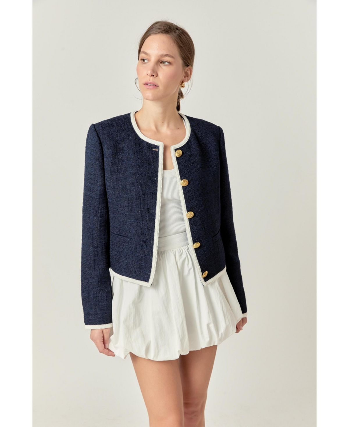 Click here for English Factory Womens Collarless Tweed Jacket - N... prices