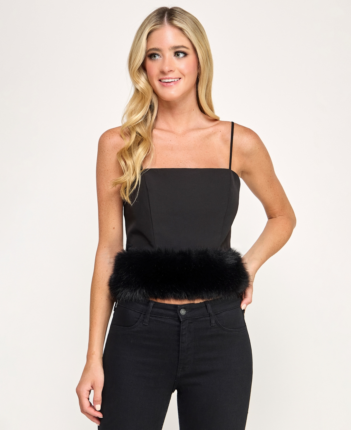 Click here for Seni & Cade Juniors Faux Fur-Hem Top - BLACK prices