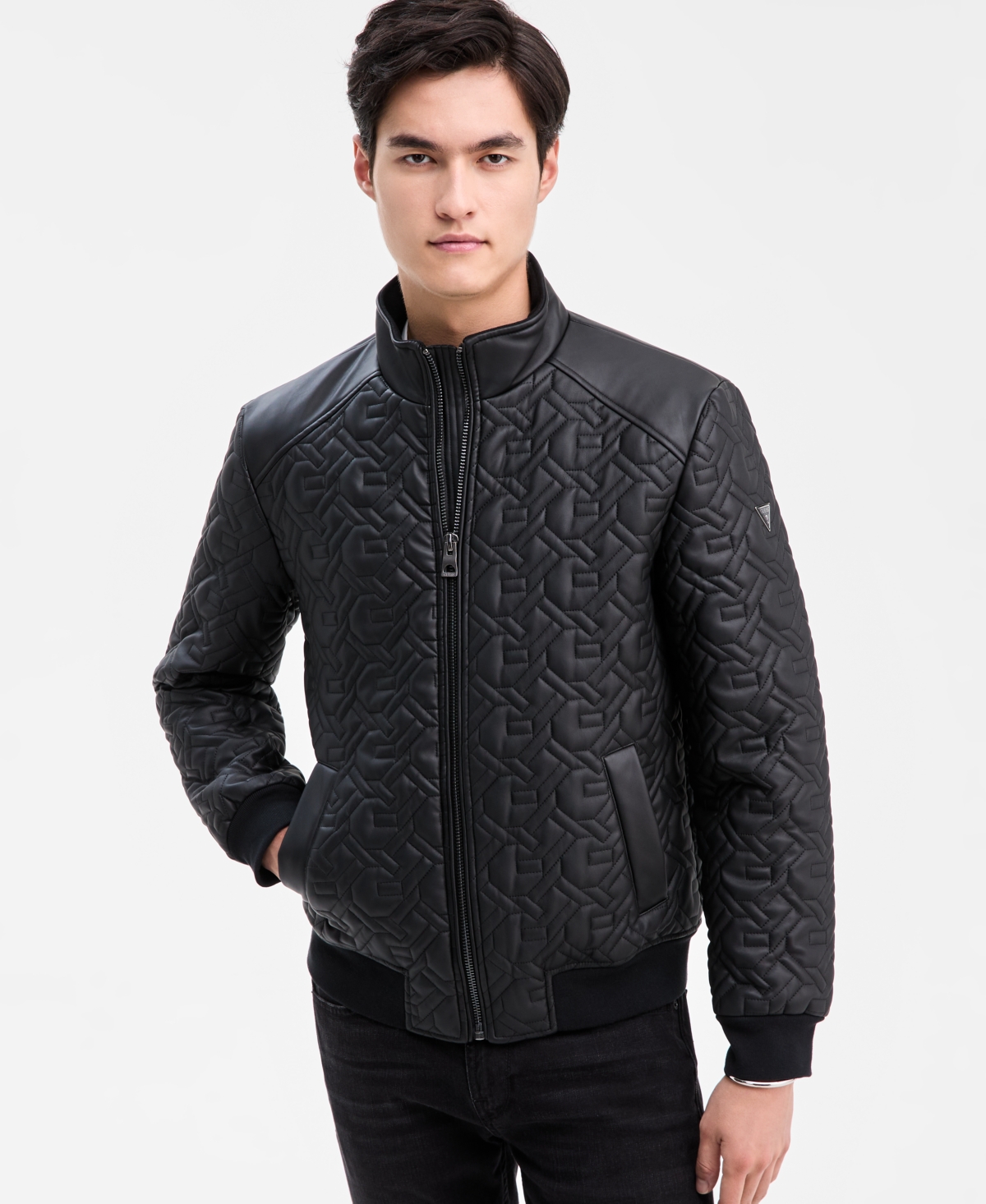 Click here for Guess Mens G Chain Quilted Faux Leather Jacket - J... prices