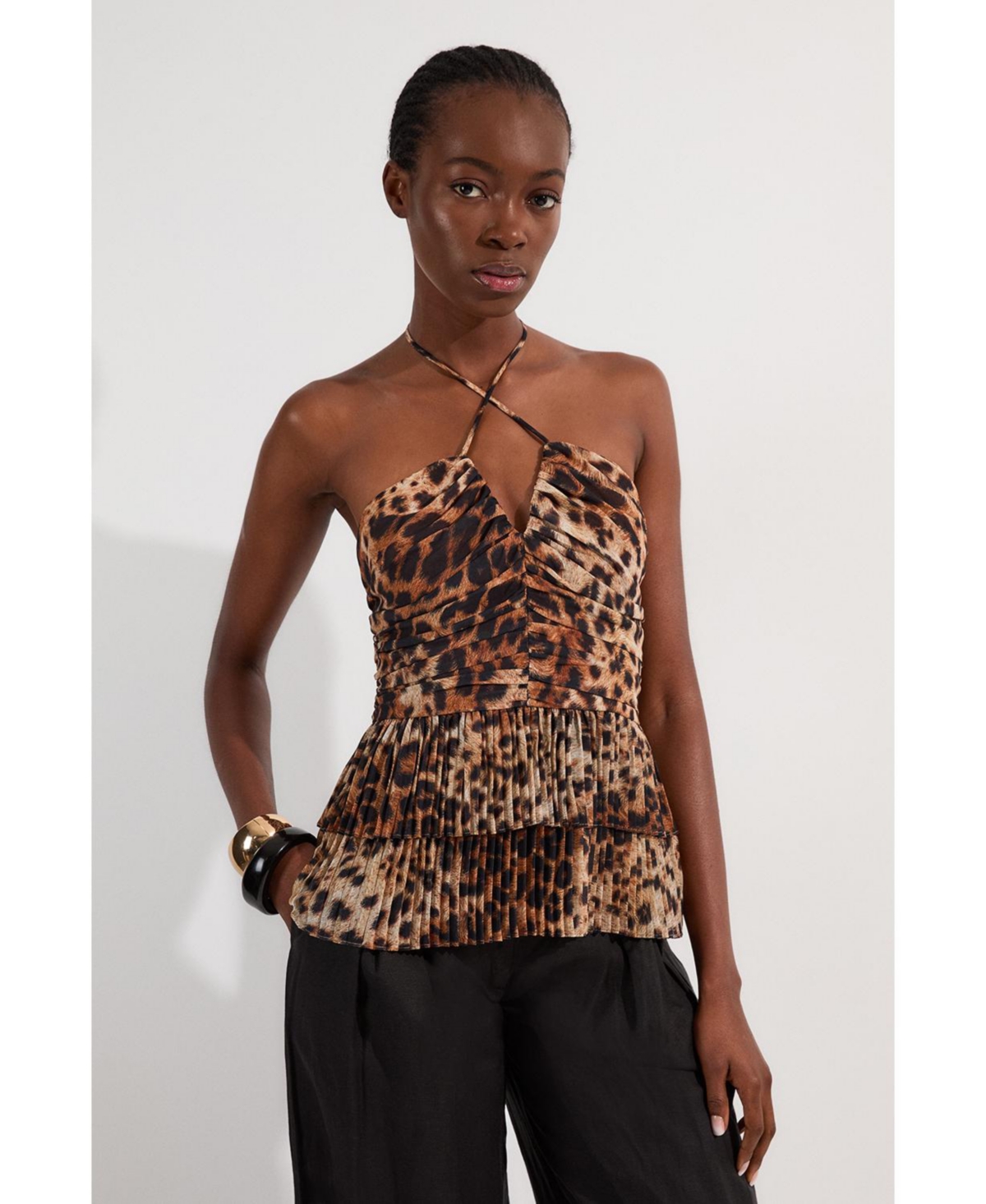 Click here for Karen Millen Womens Tiered Halterneck Top - Animal prices