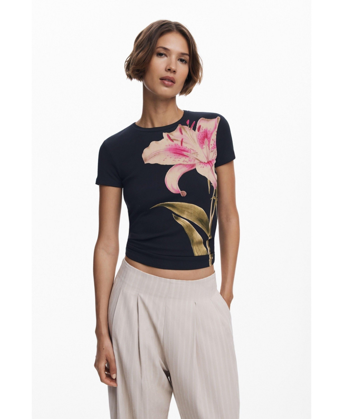 Click here for Desigual Womens Orchid short-sleeve T-shirt - Blac... prices