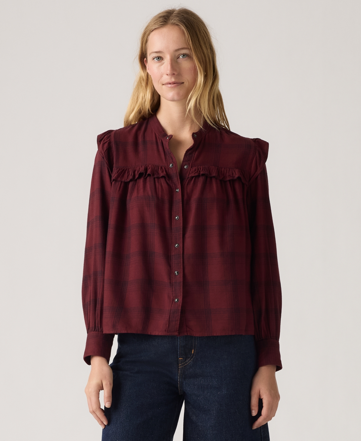 Click here for Levis Womens Gianna Long Sleeve Ruffle Trim Blouse... prices