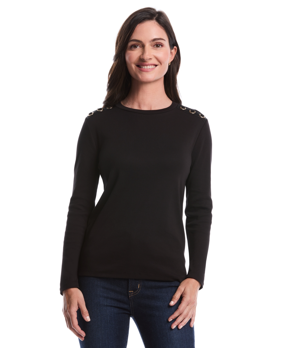 Click here for Rafaella Petite Laced Long Sleeve Top - Black prices