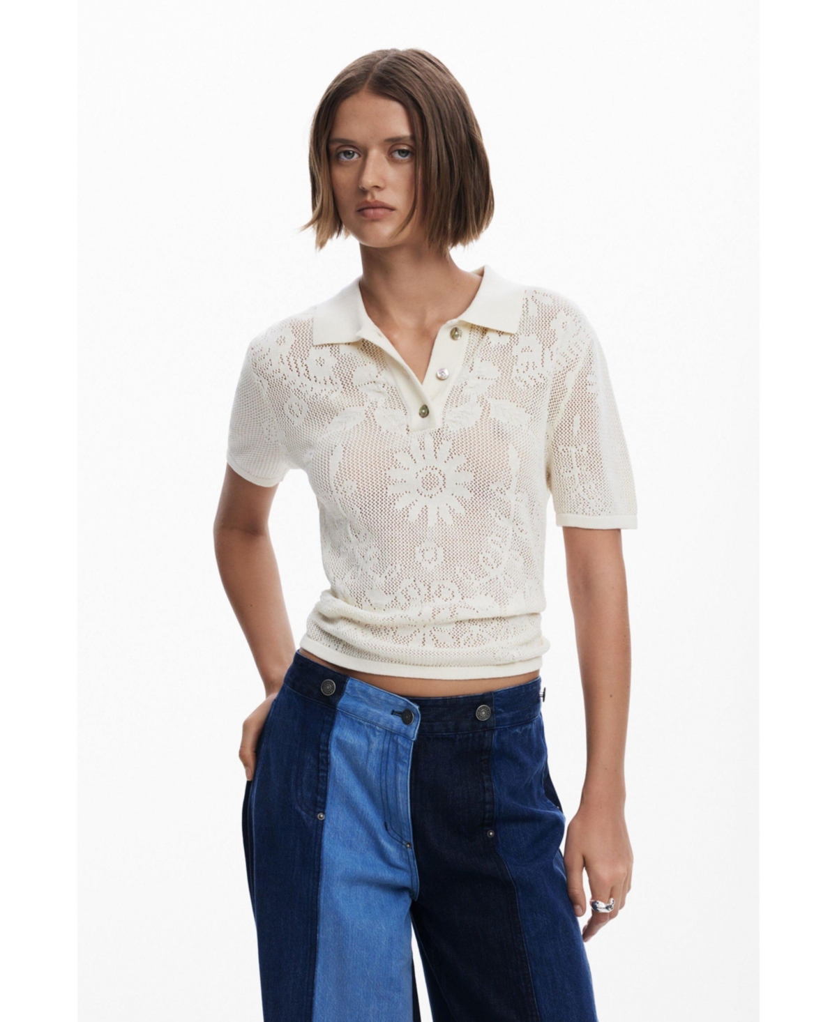 Click here for Desigual Womens Polo shirt with eyelets - Light be... prices