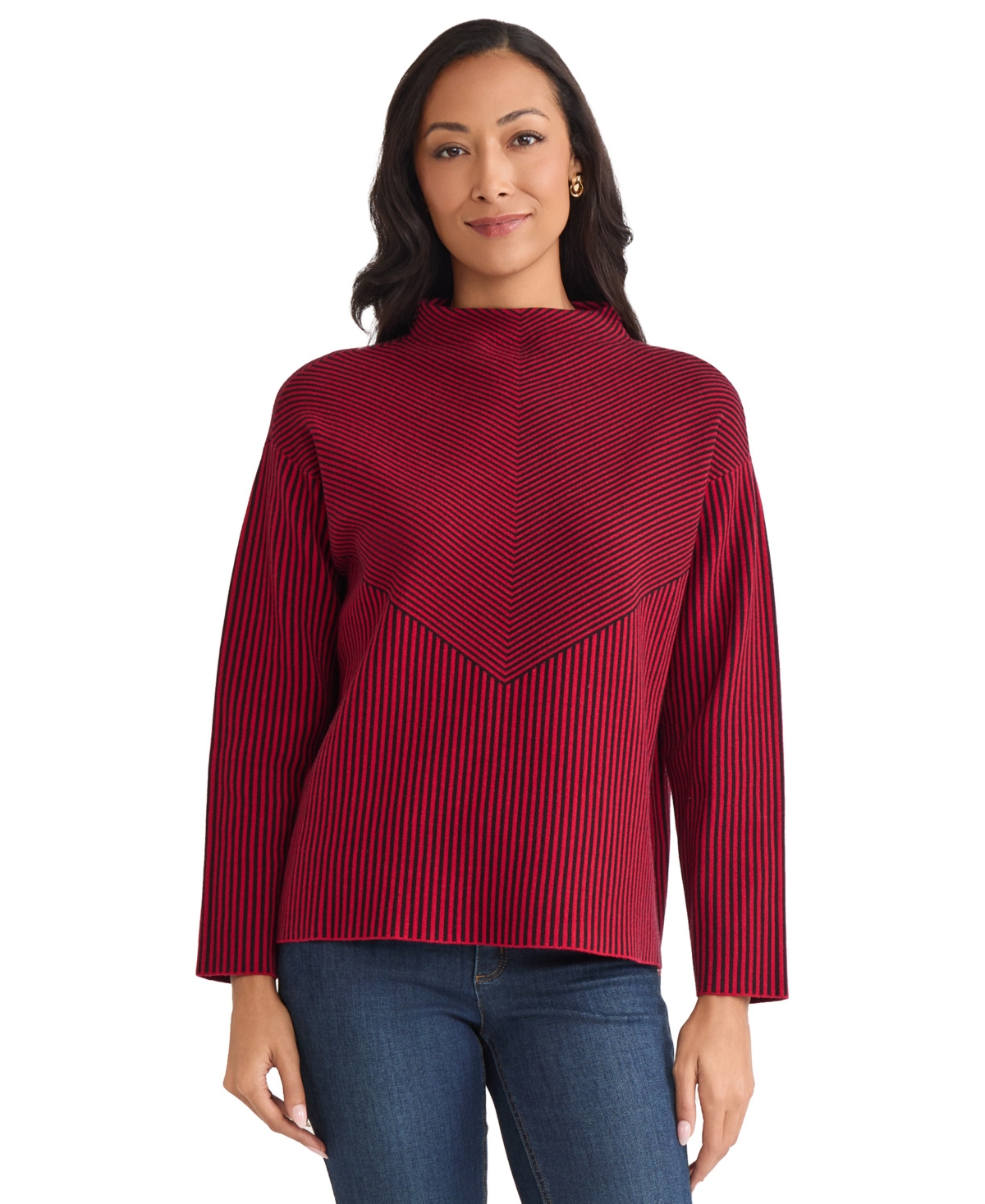 Jones New York Petite Striped Mock Neck Sweater - Venetian Red