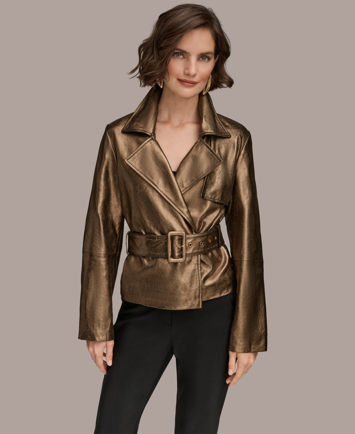 Donna Karan New York Womens Distressed Metallic Belted Jacket - Dark Copper