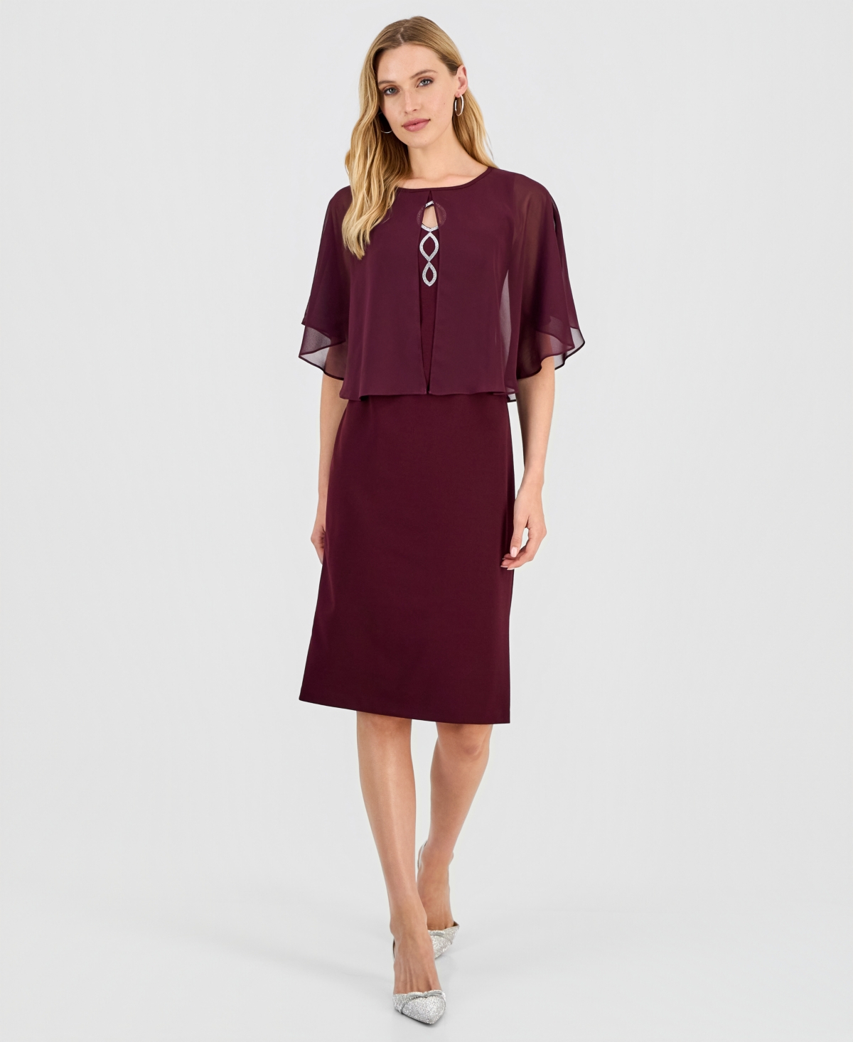 Click here for Connected Womens Cape Overlay Dress - Bordeaux prices