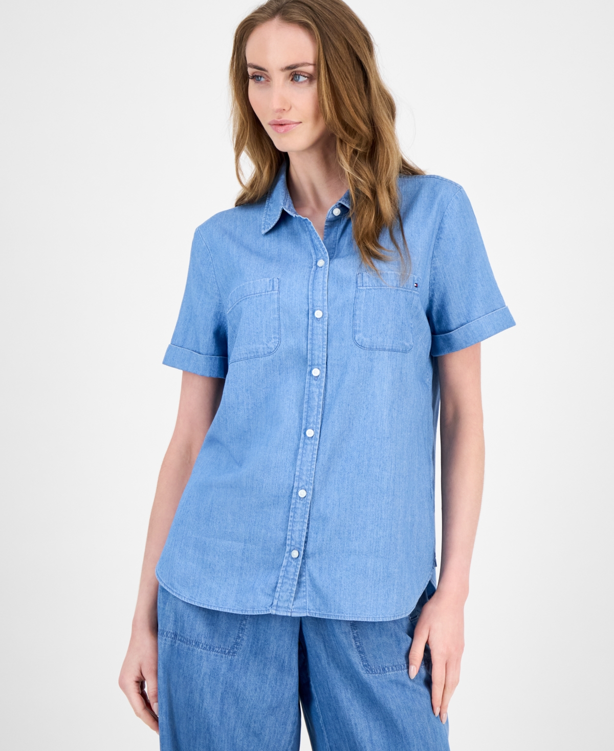 Click here for Tommy Hilfiger Womens Chambray Short-Sleeve Camp S... prices