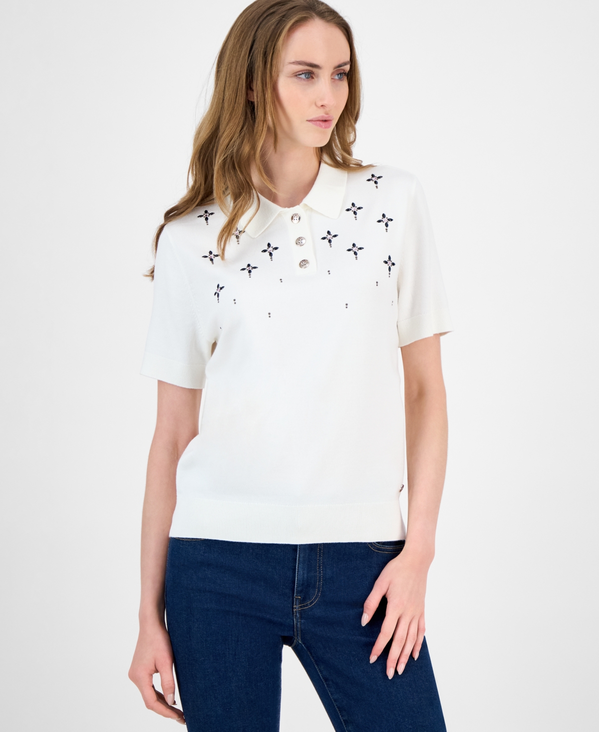 Click here for Tommy Hilfiger Womens Embellished Polo Sweater - I... prices