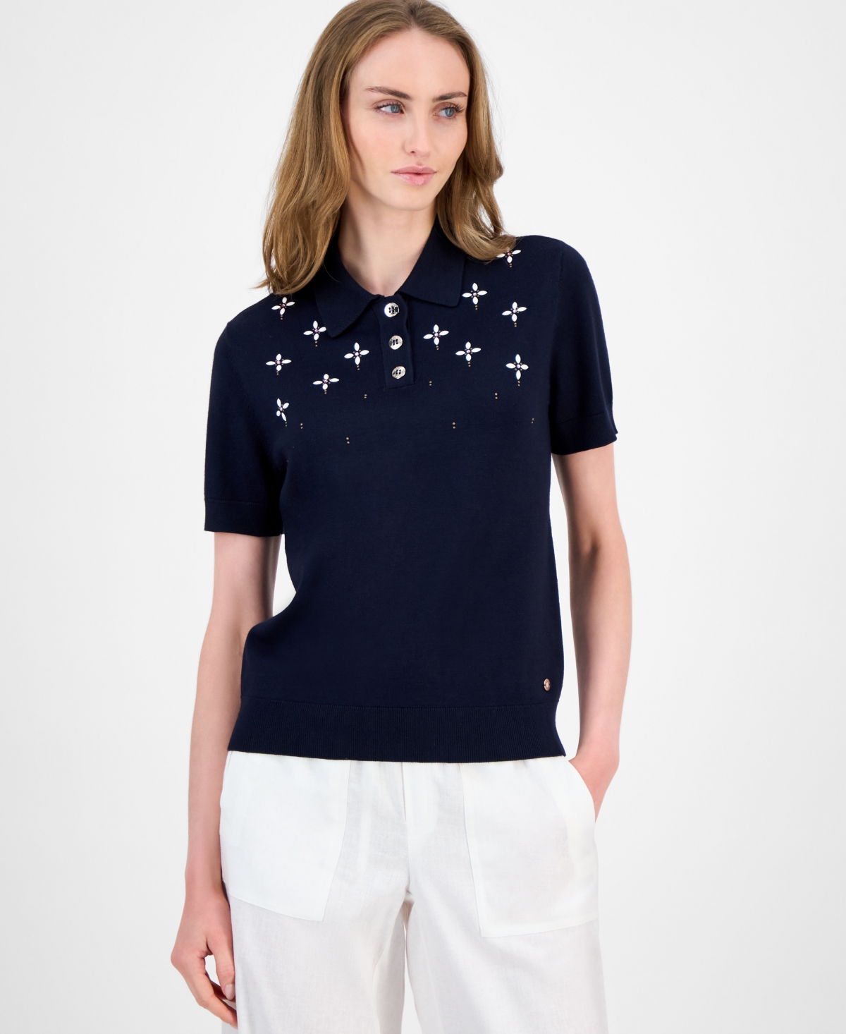 Click here for Tommy Hilfiger Womens Embellished Polo Sweater - S... prices