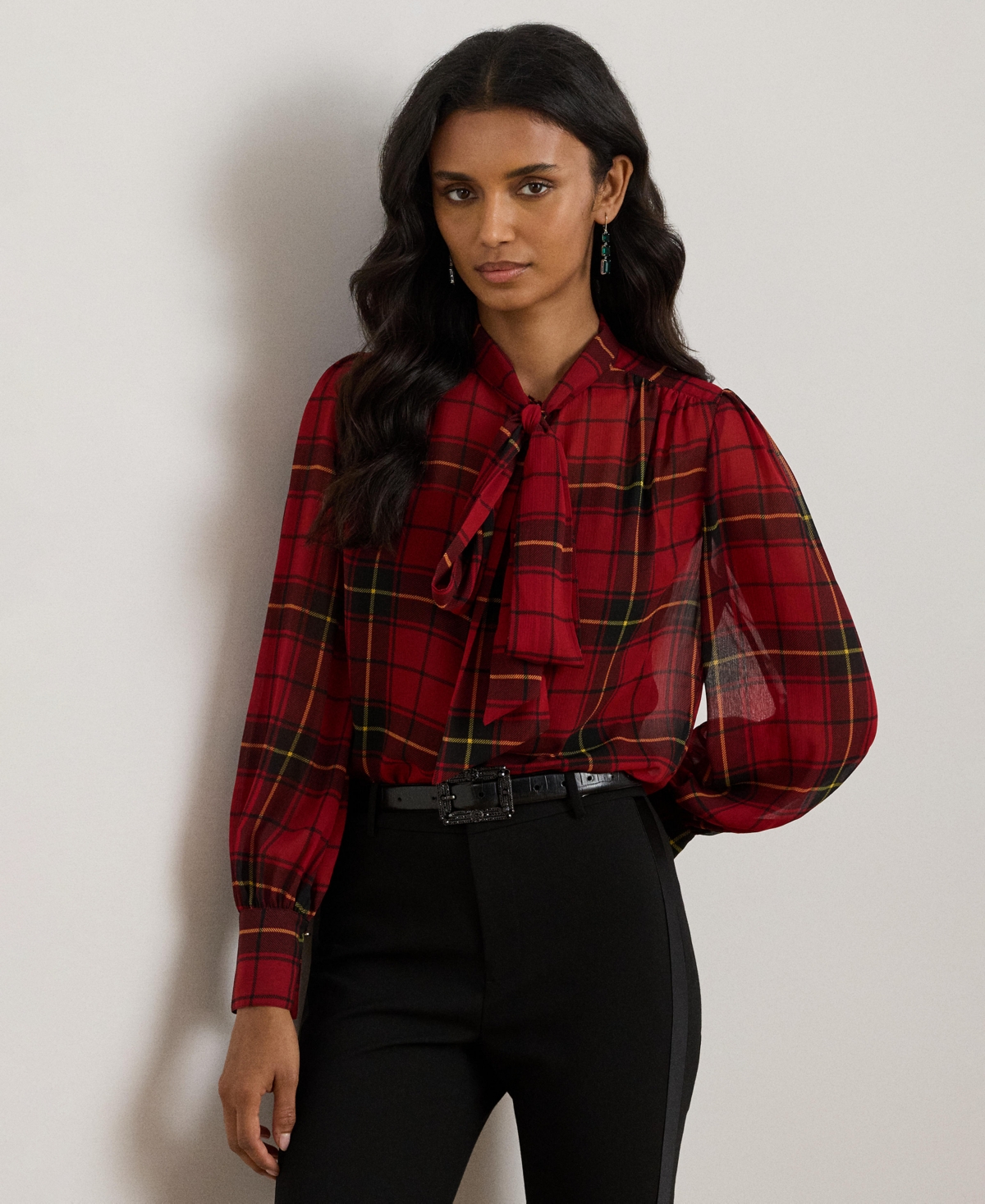 Click here for Lauren Ralph Lauren Womens Plaid Tie-Neck Blouse -... prices