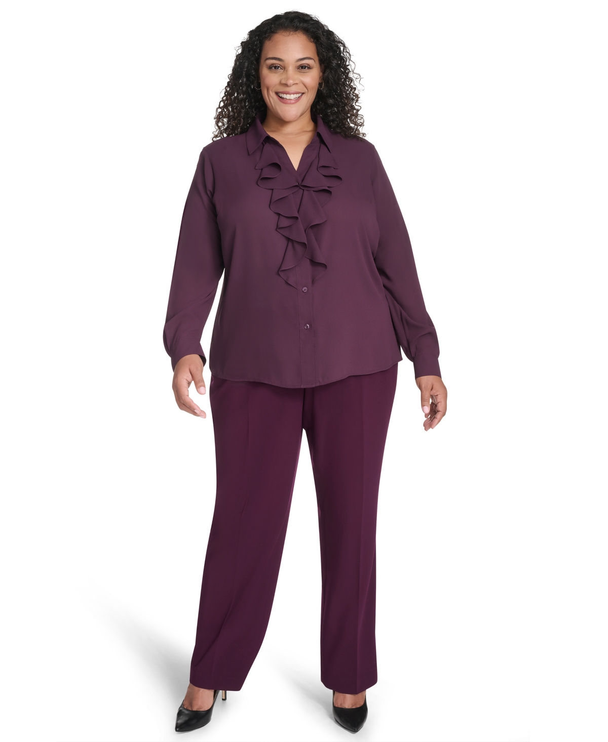 Click here for Calvin Klein Plus Size Long Sleeve Ruffle Front To... prices