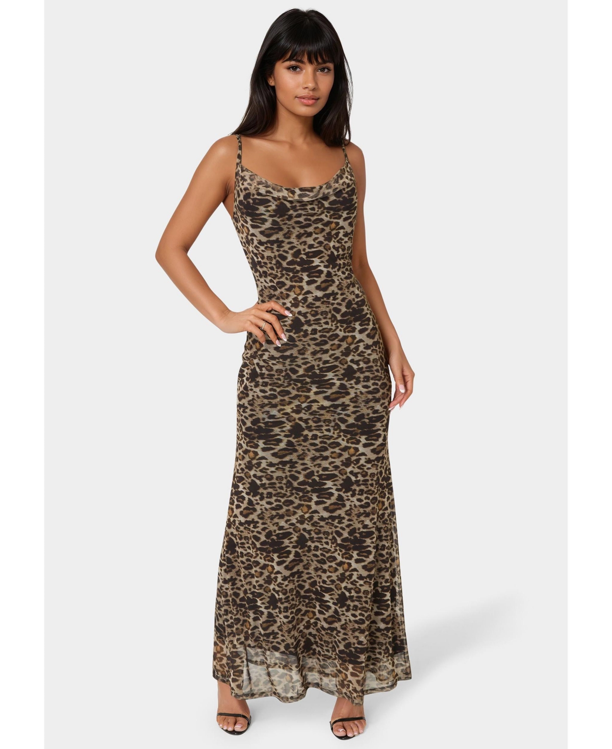 Click here for Bebe Womens Printed Mesh Cowl Gown - Leopard prices