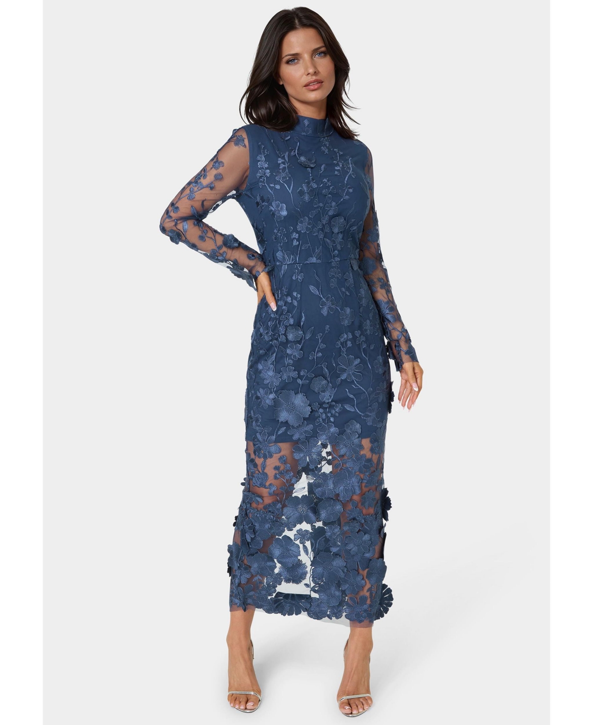 Click here for Bebe Womens 3D Floral Mock Neck Midi Dress - Navy prices