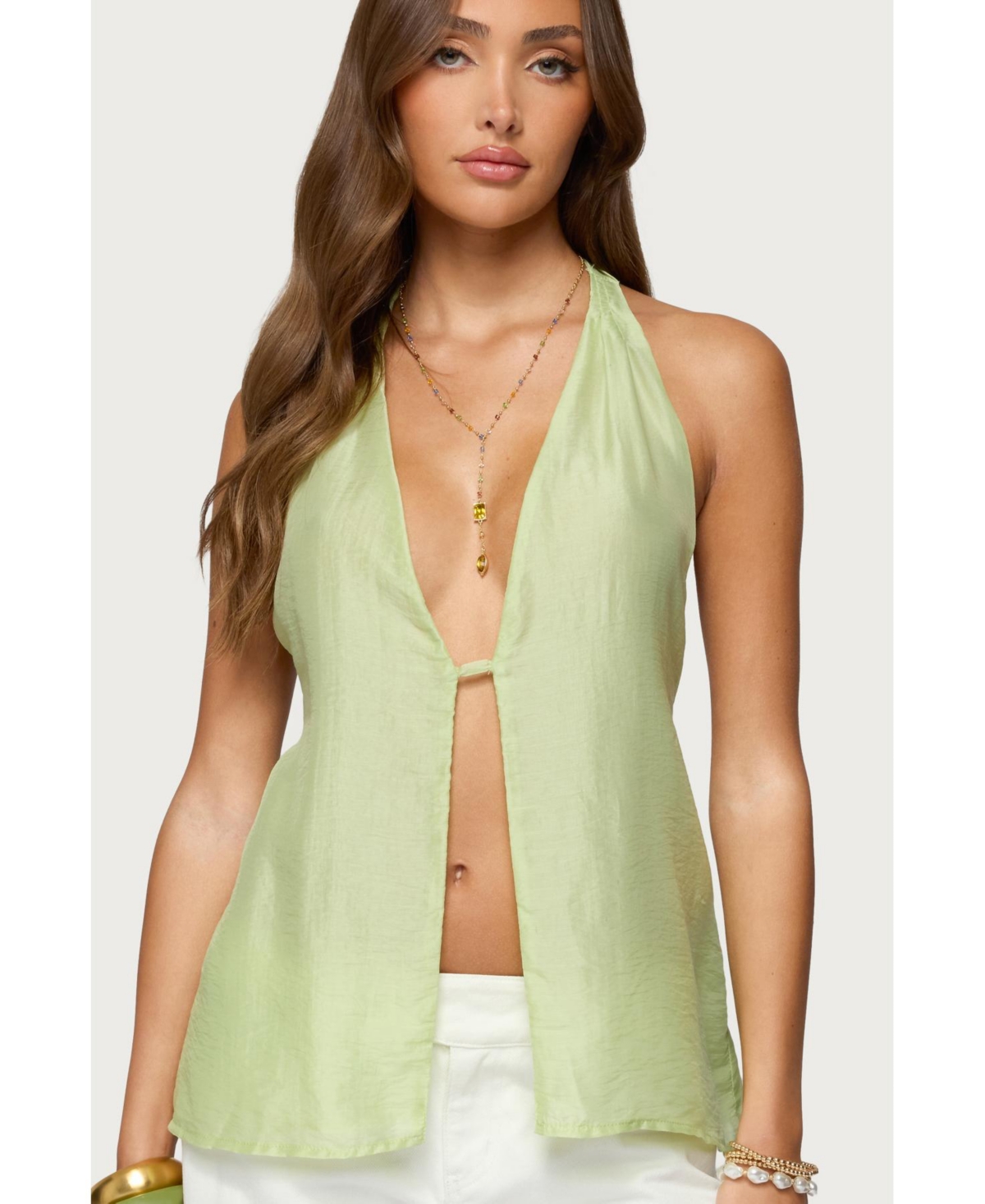 Click here for Edikted Womens Silky Look Split Front Halter Top -... prices