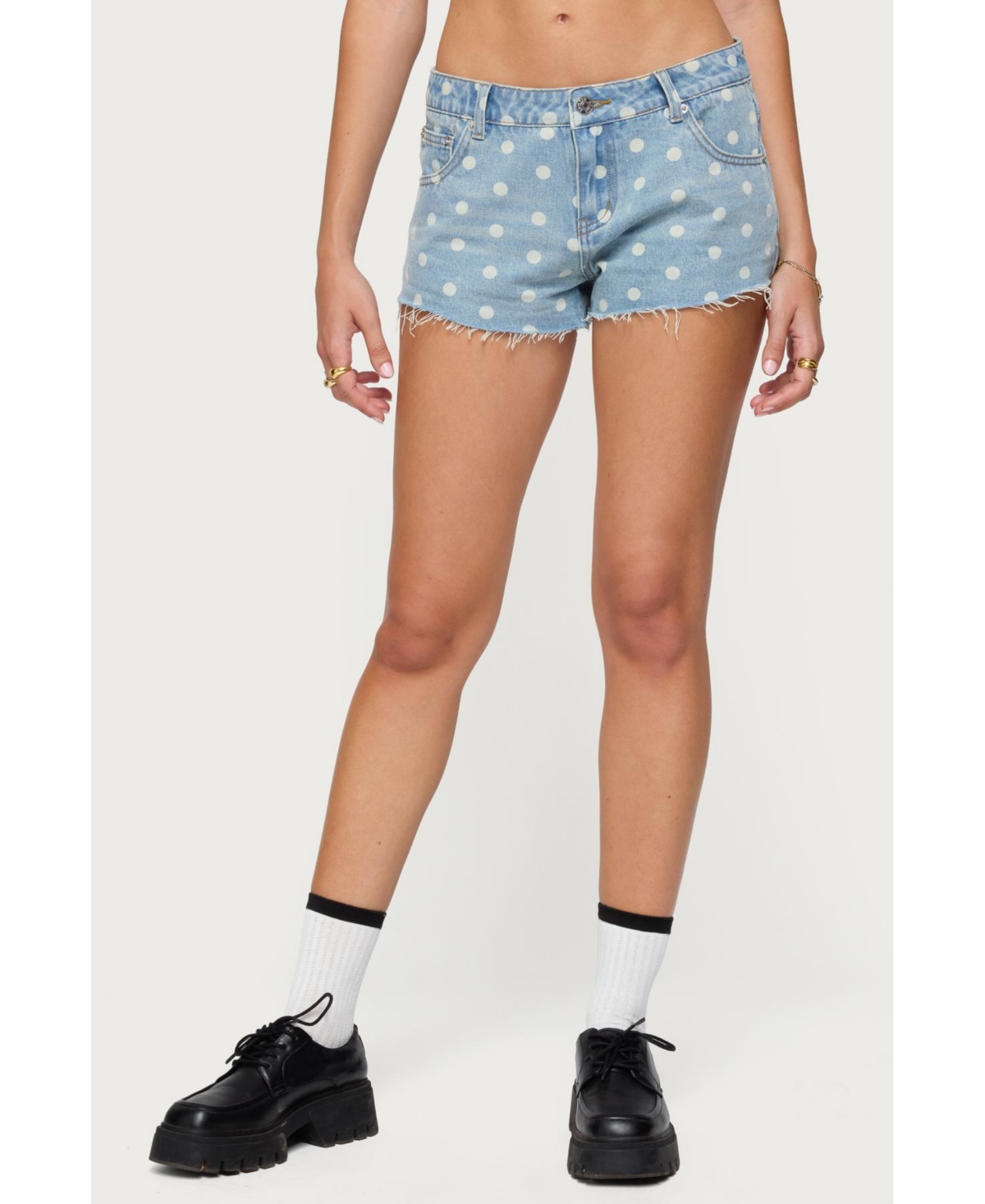 Click here for Edikted Womens Josie Polka Dot Denim Shorts - Blue... prices