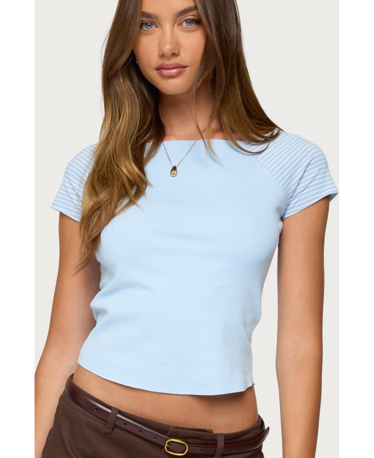 Click here for Edikted Womens Marina Raglan Stripey T Shirt - Blu... prices