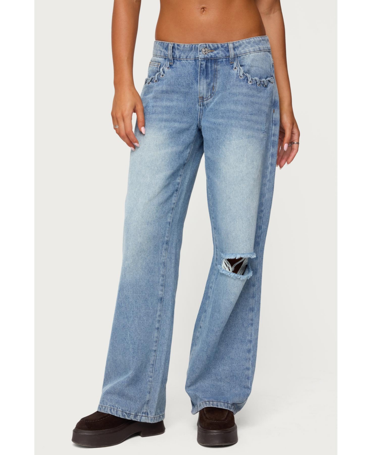 Click here for Edikted Womens Dutton Distressed Low Rise Jeans -... prices