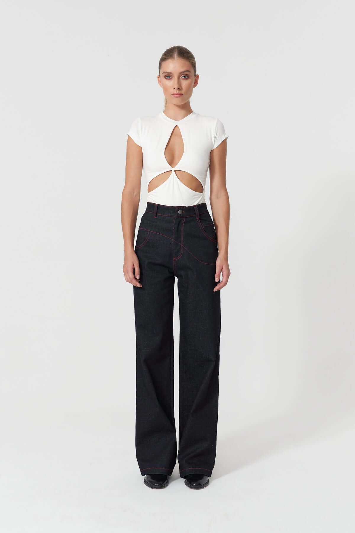 Click here for Jendue Stella Denim T-Shirt - White Cut-Out Top -... prices