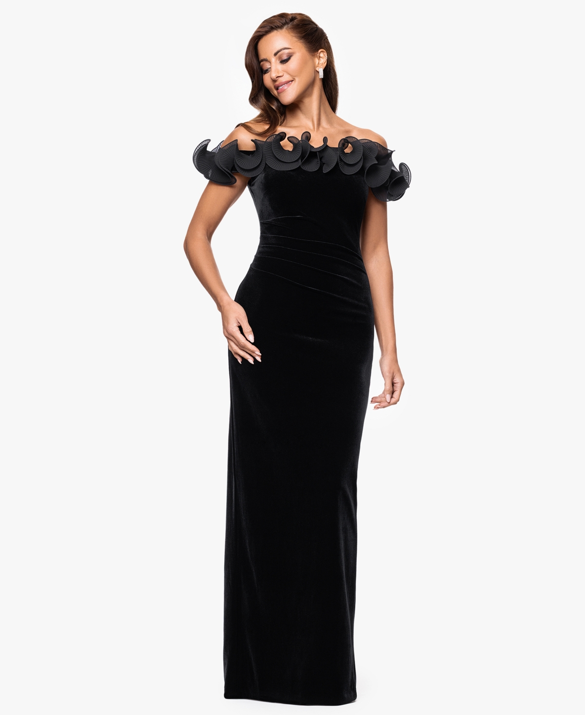 Click here for Xscape Womens Off The Shoulder Ruffle Dress - Blac... prices