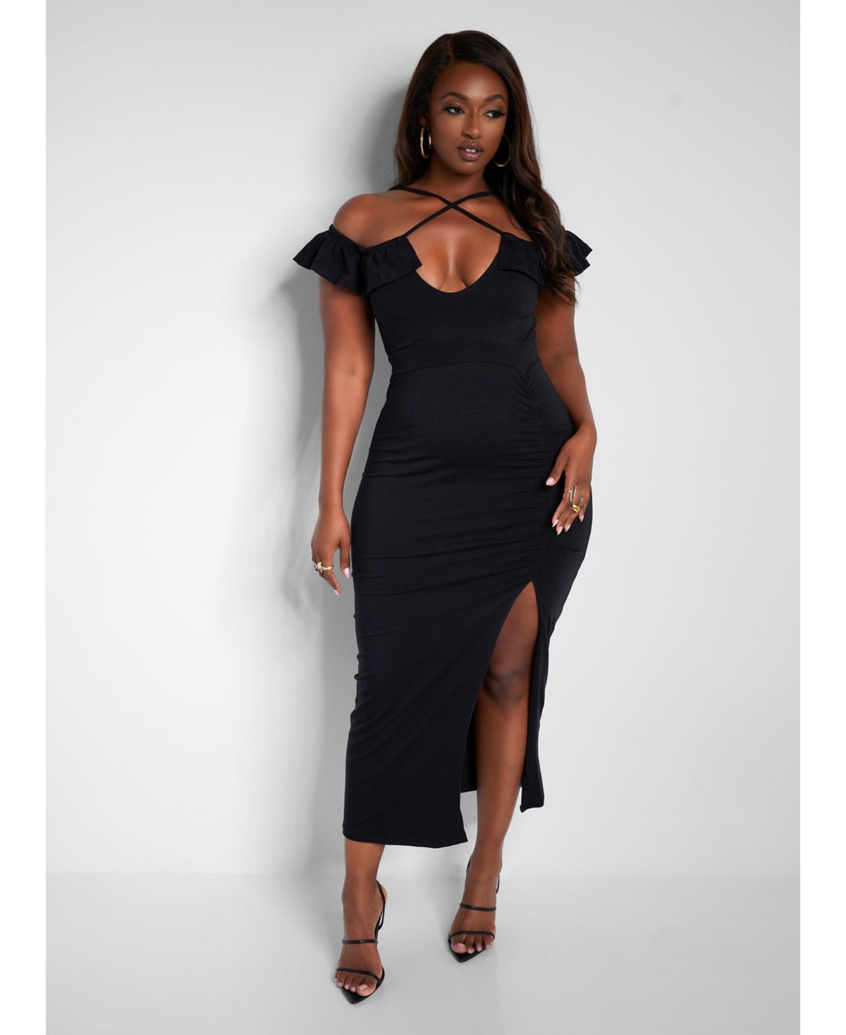 Click here for Rebdolls Womens Ruched Bodycon Midi Dress - Black... prices