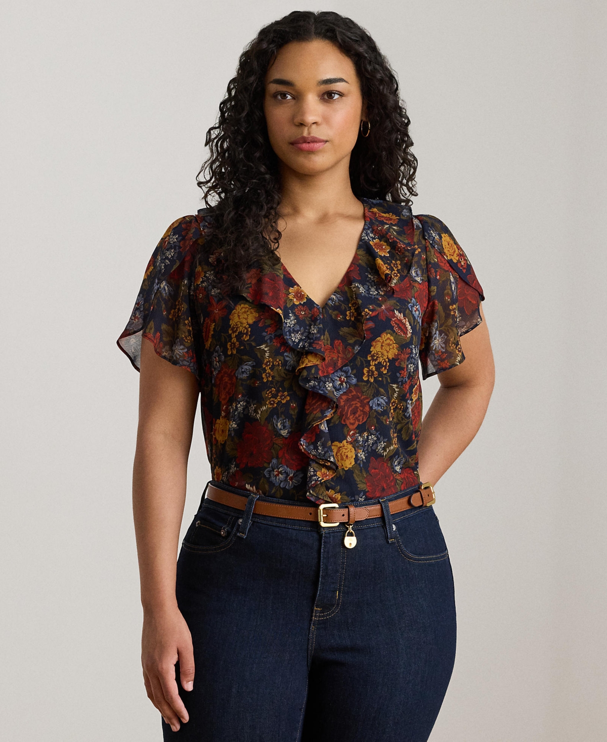 Lauren Ralph Lauren Plus Size Floral Ruffle-Trim Short Sleeve Top - Navy Multi
