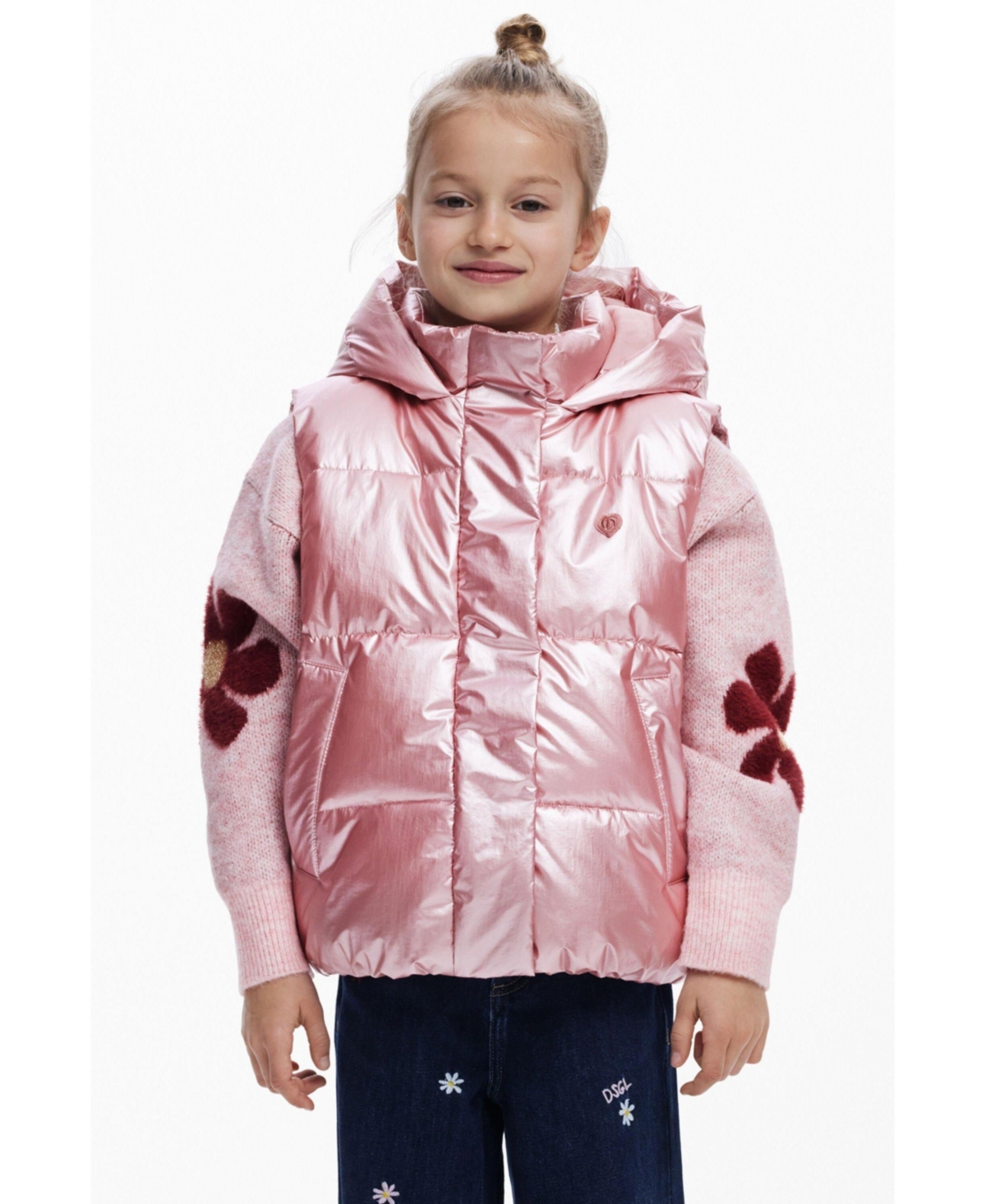 Click here for Desigual Girlss Metallic quilted vest - Pink prices