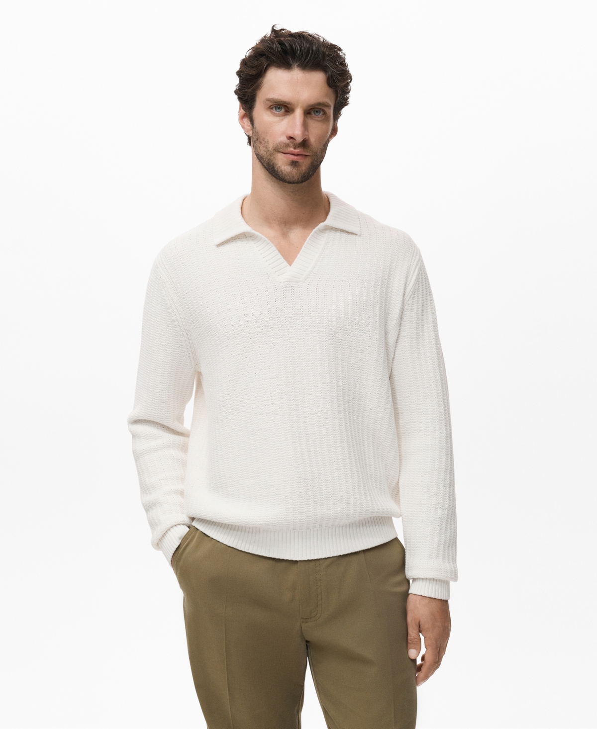 Click here for Mango Mens Knitted Structured Polo Sweater - Off W... prices
