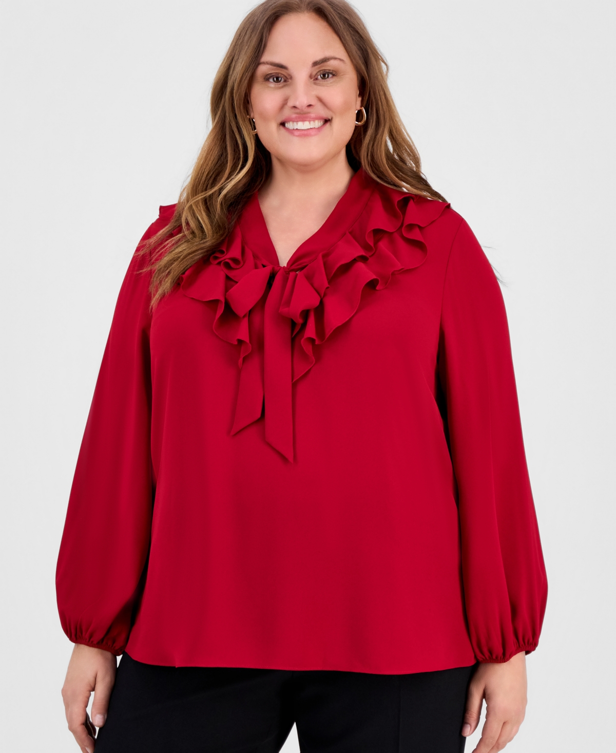 Click here for Kasper Plus Size Ruffled Tie-Front V-Neck Top - Fi... prices