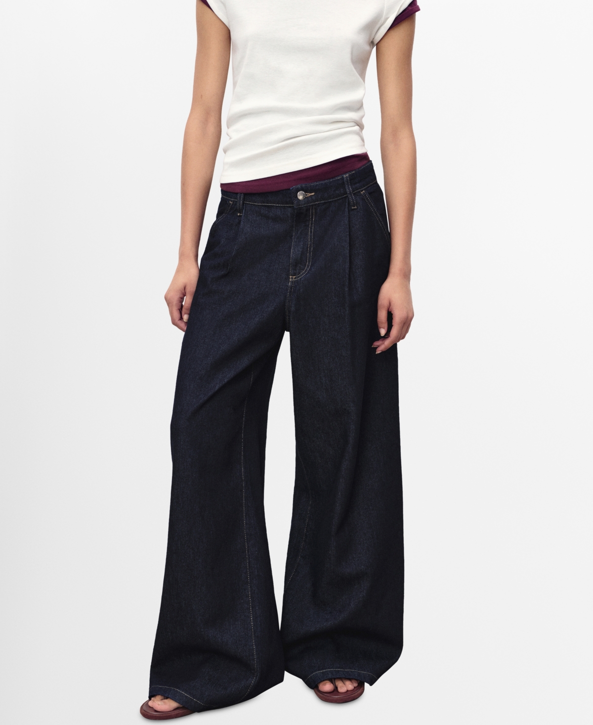 Click here for Mango Womens Wide Leg Pleated Jeans - Dark Blue prices