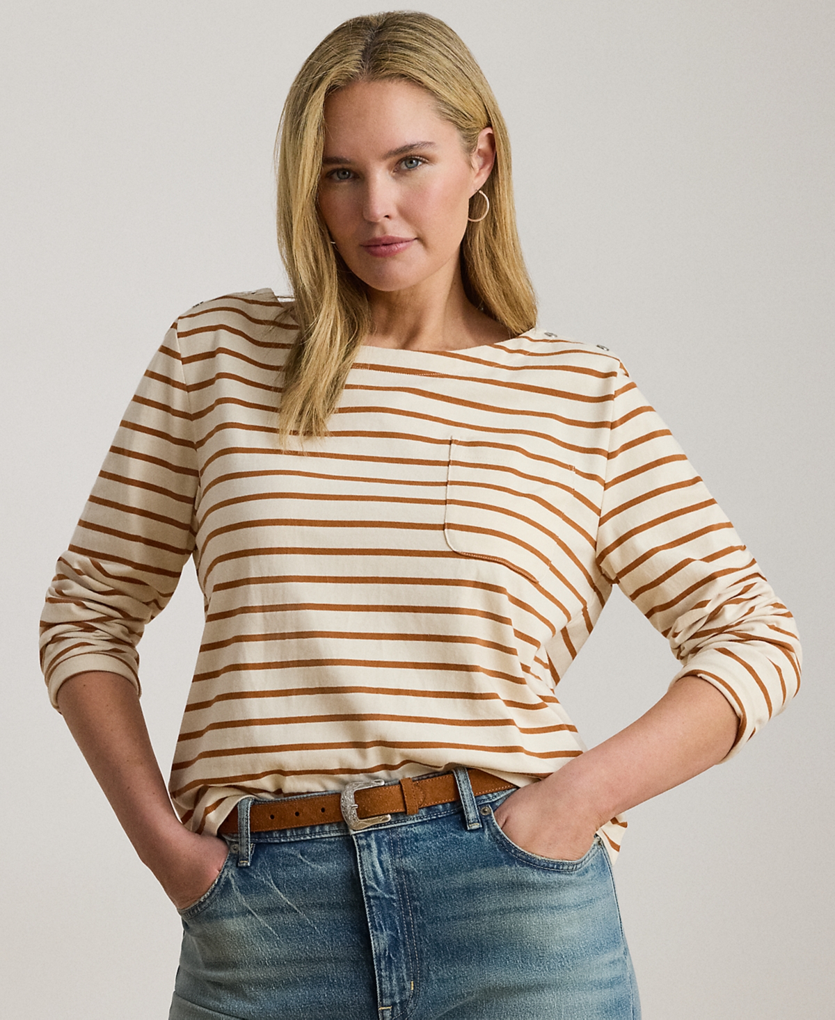 Lauren Ralph Lauren Plus Size Striped Boat Neck Top - Mascarpone Cream Cinnamon Bark
