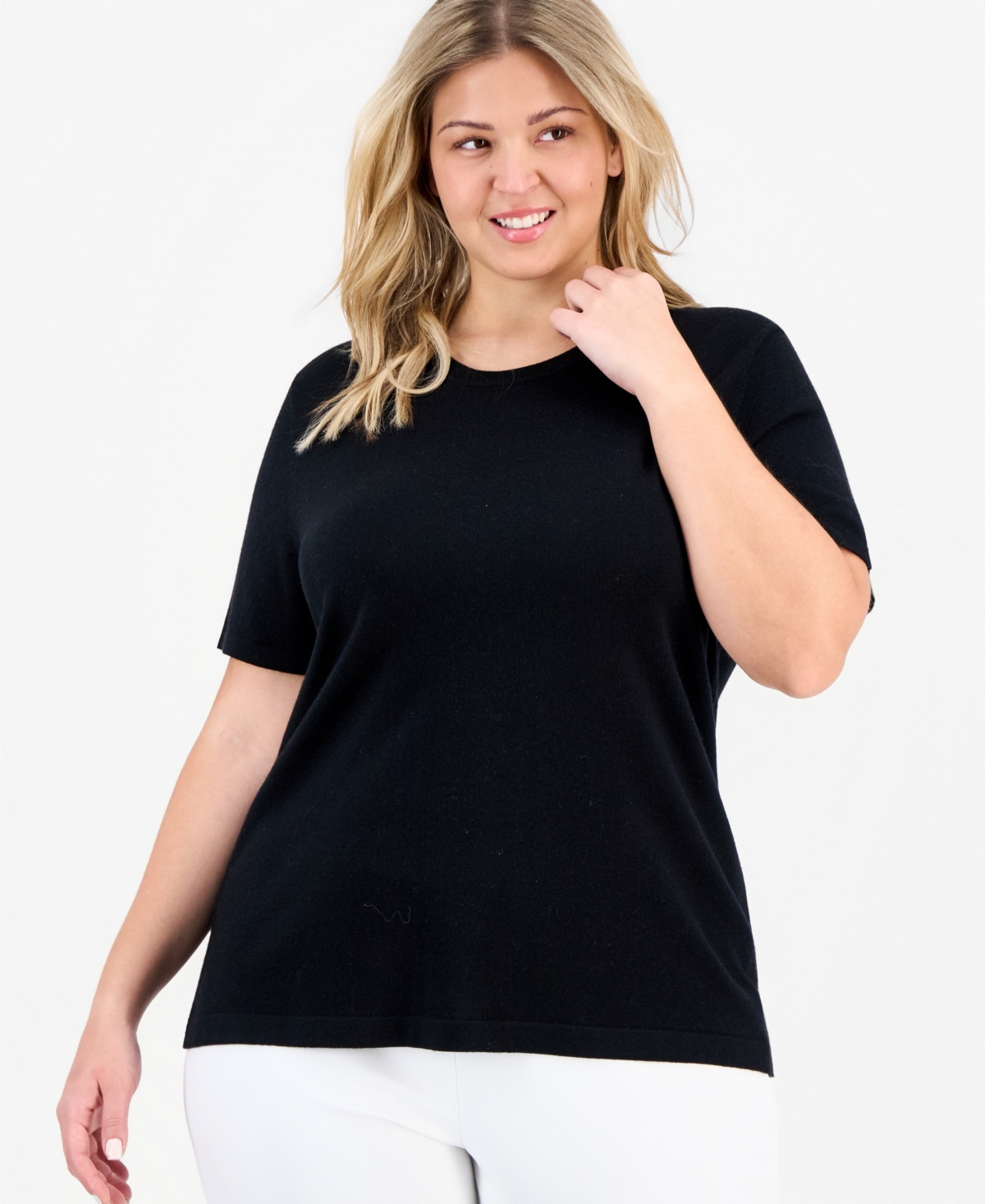 Click here for Anne Klein Plus Size Short Sleeve Merino Wool Swea... prices