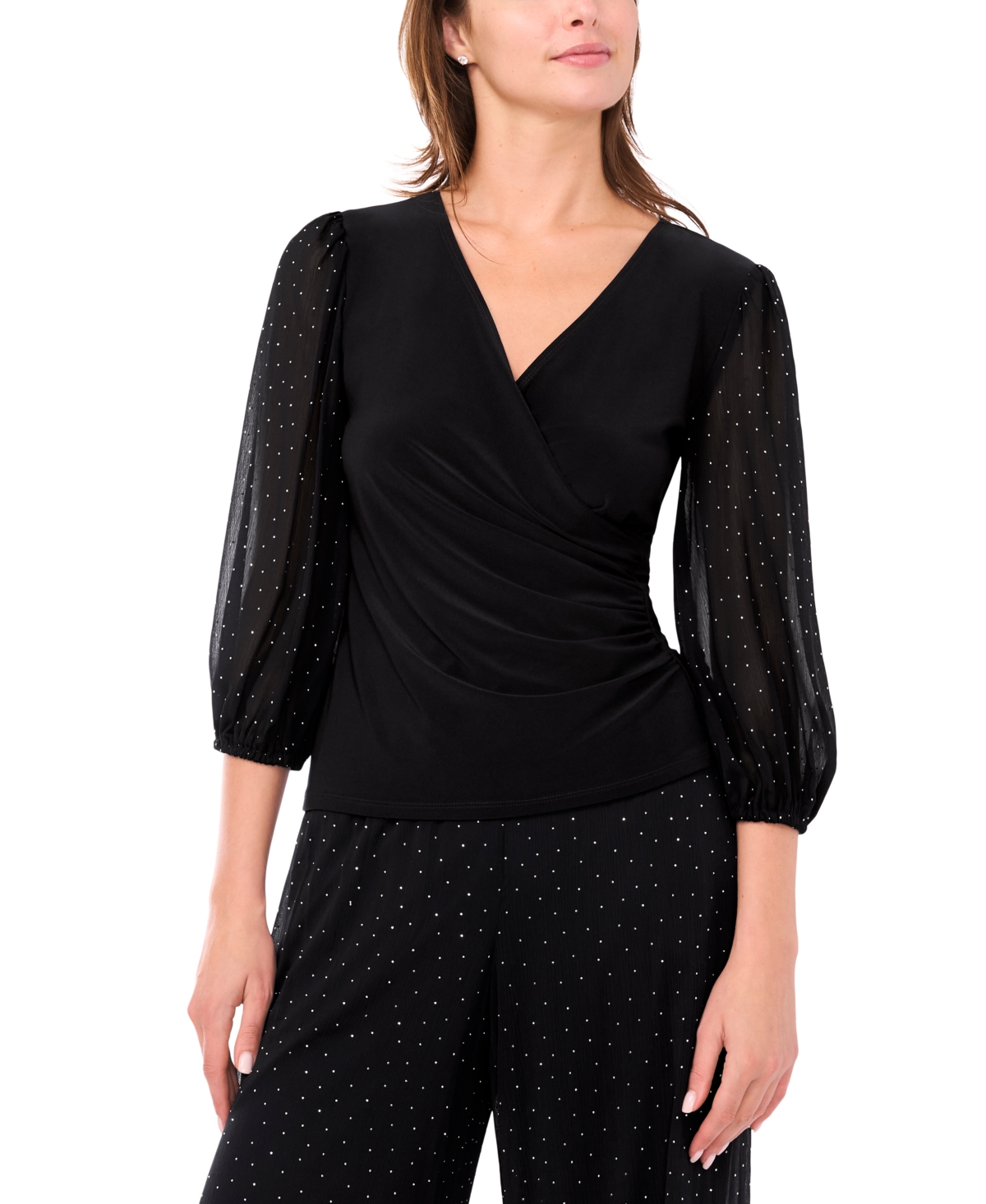 Click here for Msk Womens V-Neck Puff Sleeve Wrap Top - BLACK prices