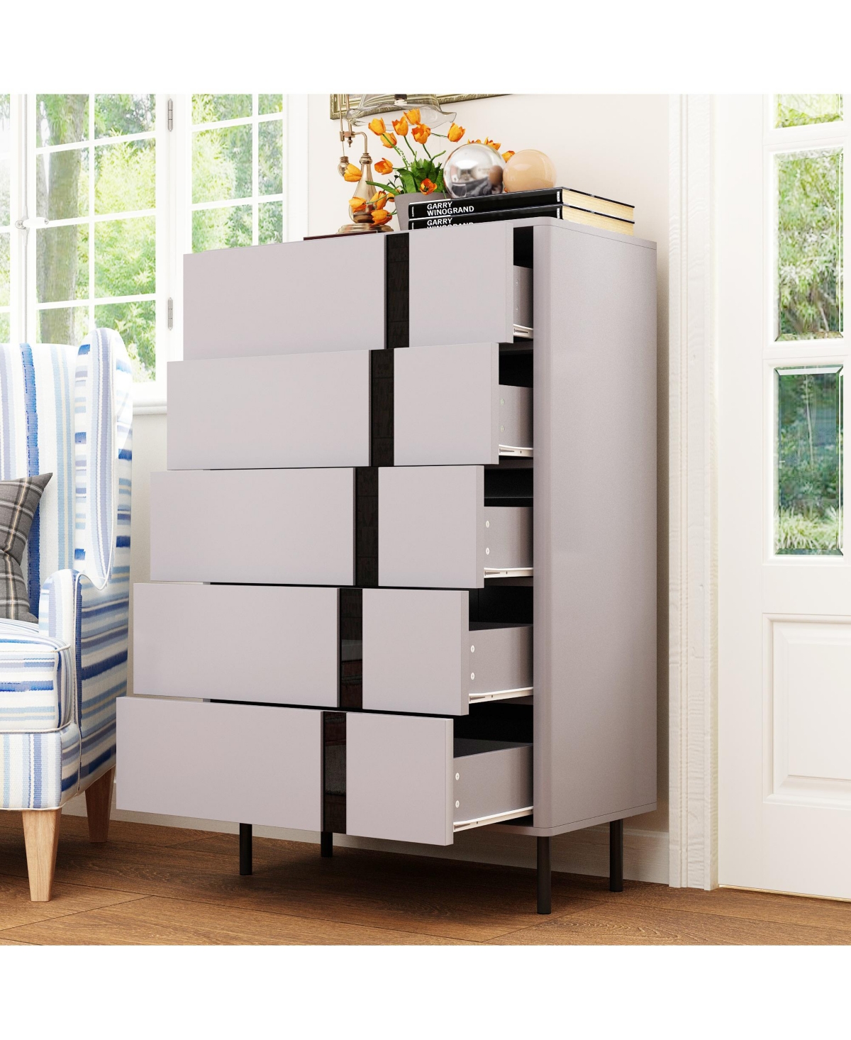 Bedside Table/ with 5 Drawers  Side Table with Adjustable Feet  End Table  Bedroom Chest - Grey