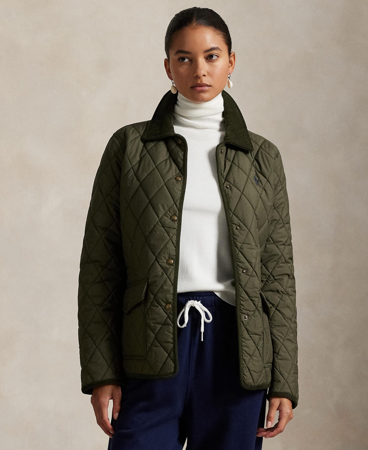 Polo Ralph Lauren Womens Corduroy-Trim Quilted Barn Jacket - Ranger Green