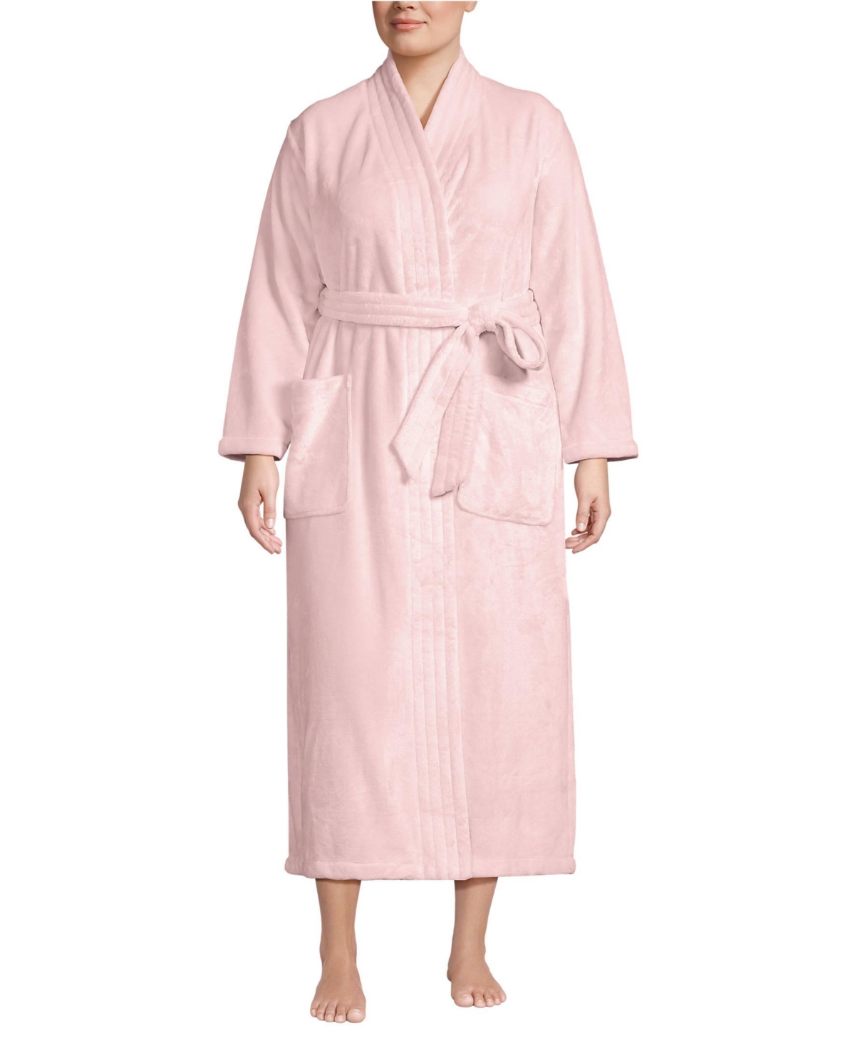 Lands End Plus Size Cozy Plush Long Wrap Robe - Sea salt pink