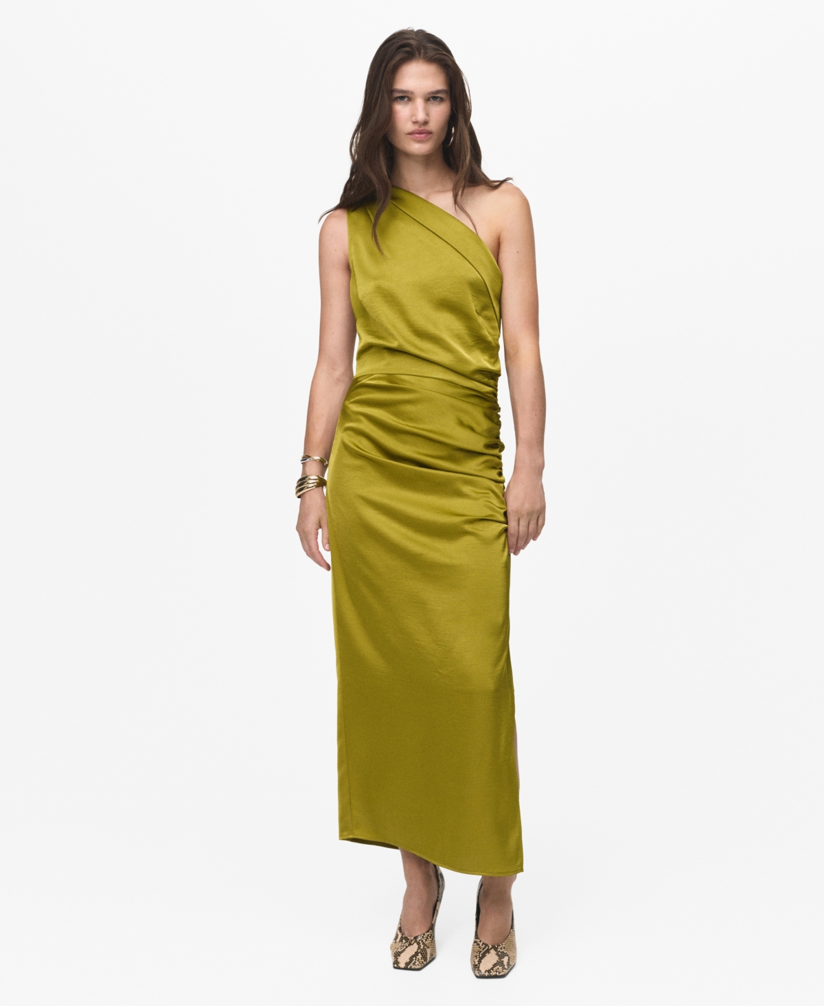 Click here for Mango Womens Asymmetrical Satin Dress - Olive Gree... prices