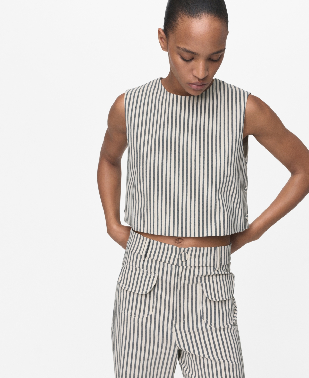 Click here for Mango Womens Buttons Striped Top - Ecru prices