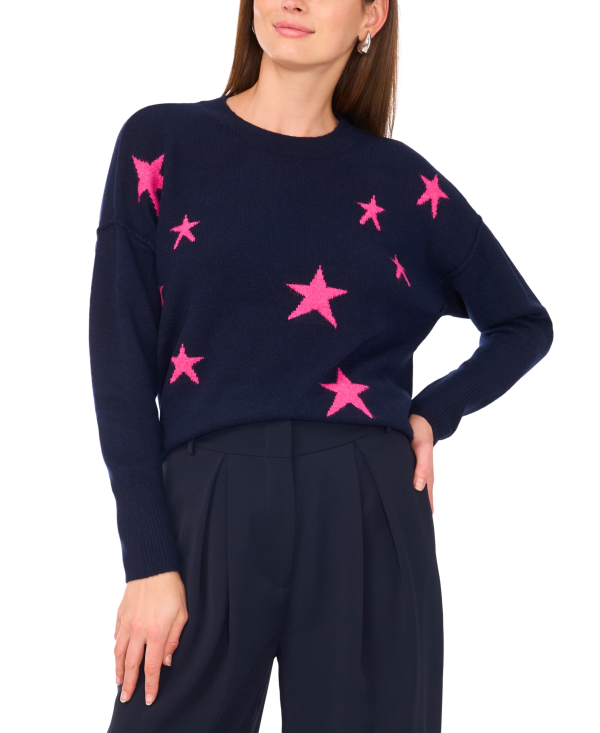 Click here for Vince Camuto Womens Cozy Crewneck Star-Print Dropp... prices